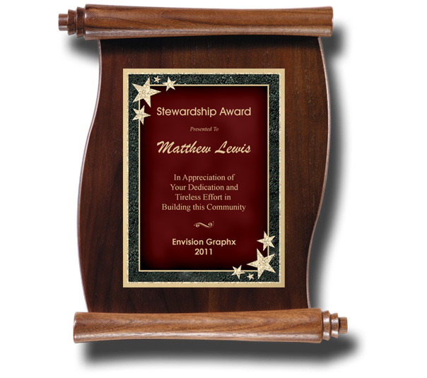 Red Starburst Walnut Scroll Plaque